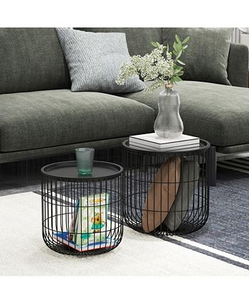 HOMCOM Stacking Nesting Tables, Round Coffee Table Set of 2, Black - Macy's
