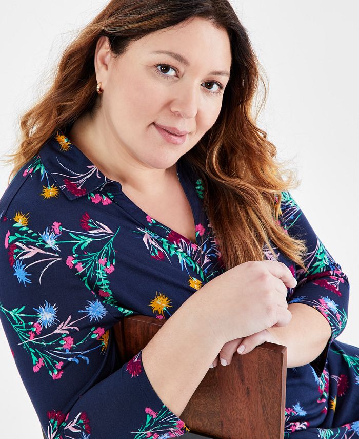 Style & Co Plus Size Lola Floral-Print Johnny-Collar Tunic, Created for ...
