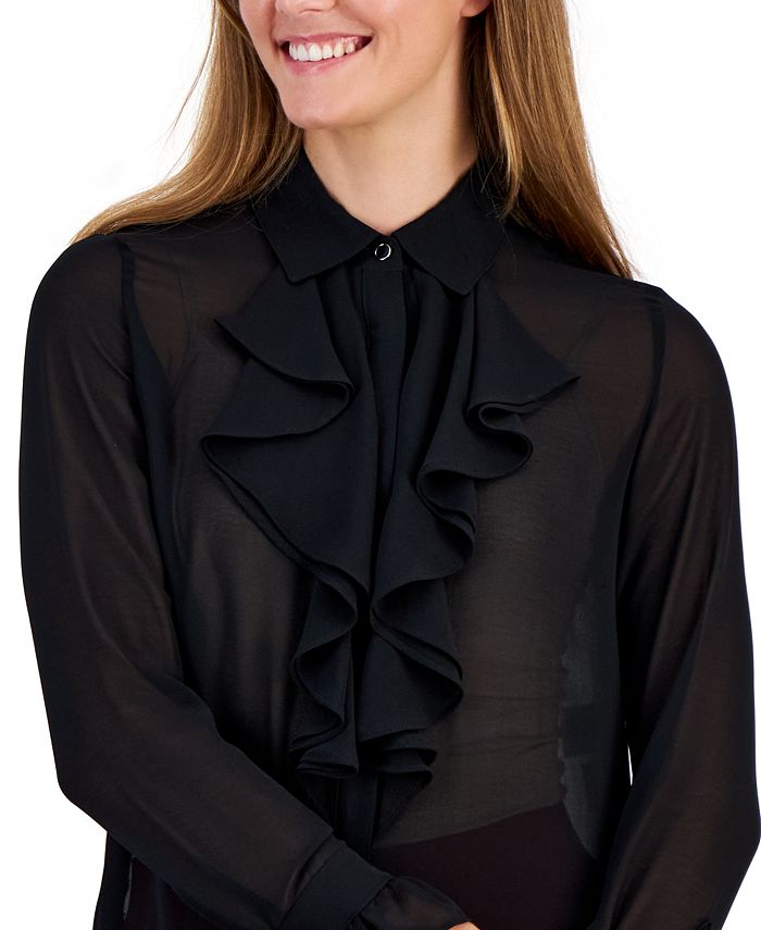 Anne Klein Women's Long-Sleeve Sheer Ruffle-Trim Blouse - Macy's