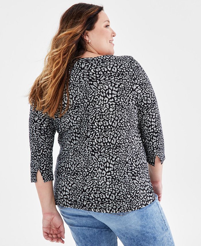 Style & Co Plus Size Leopard-Print Cotton 3/4-Sleeve Top, Created for ...