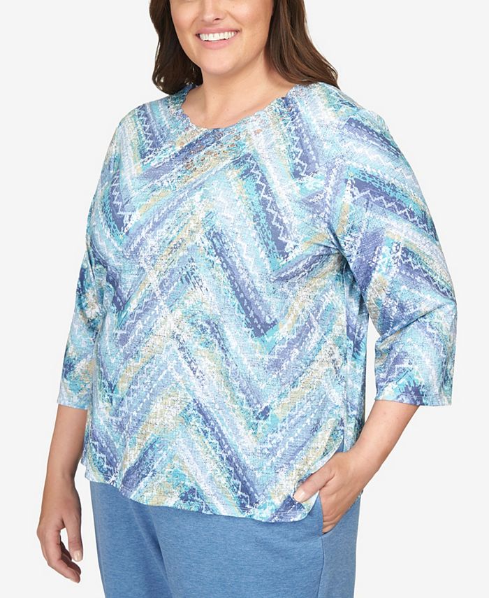 Alfred Dunner Plus Size Comfort Zone Texture Chevron Lace Neck Top - Macy's