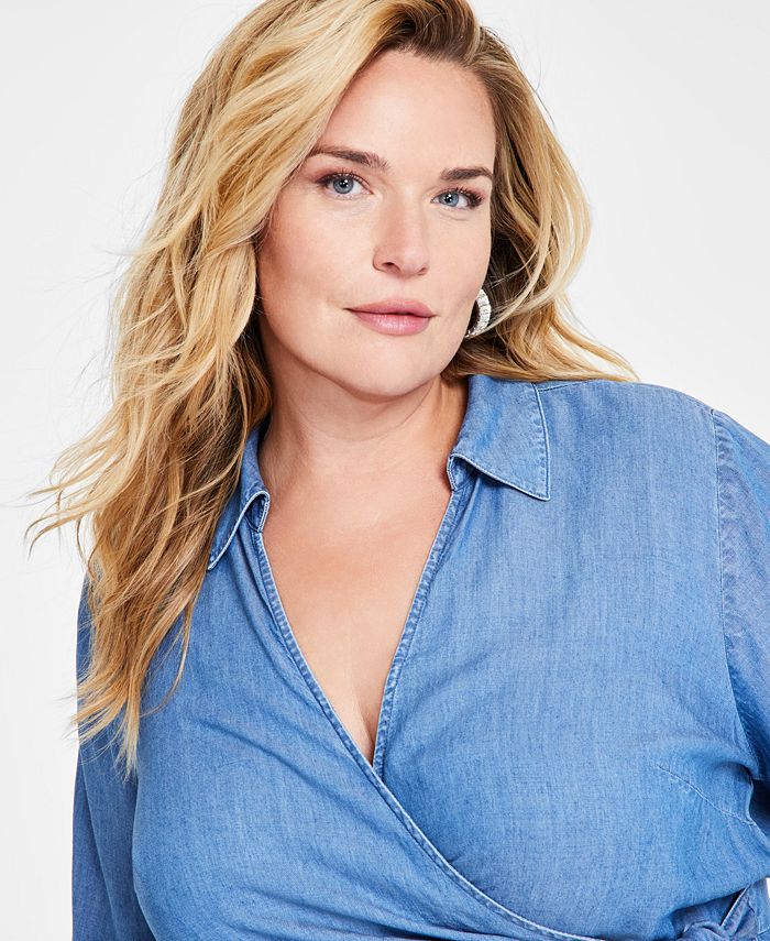 I.N.C. International Concepts Plus Size Denim Wrap Top, Created for ...