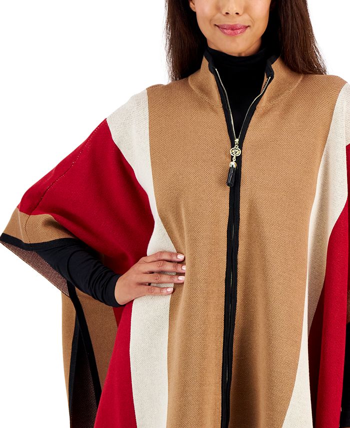 Anne Klein Colorblock Zip-Front Poncho Sweater - Macy's