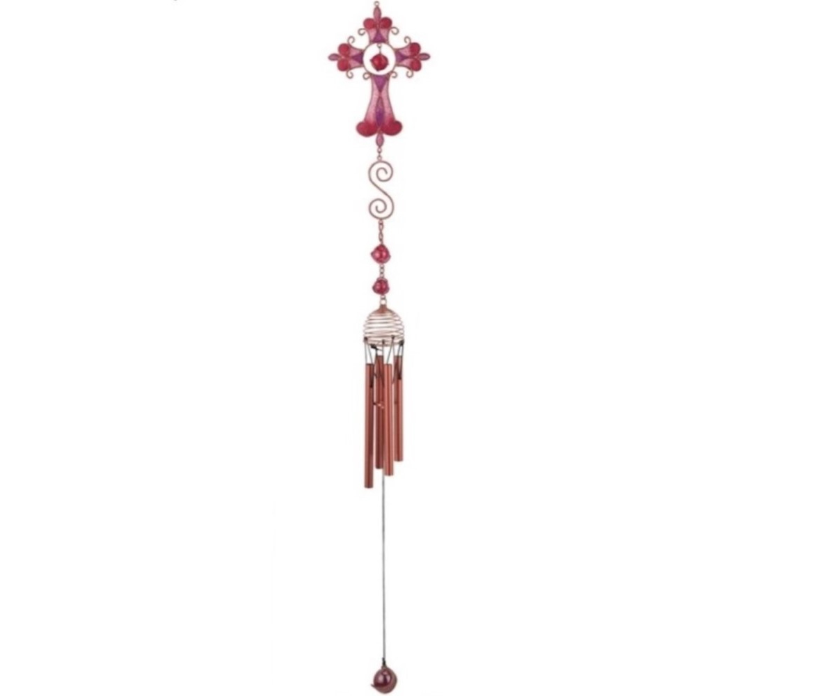 Click here for 28 Long Pink Cross Wind Chime with Copper Gem - Pi... prices