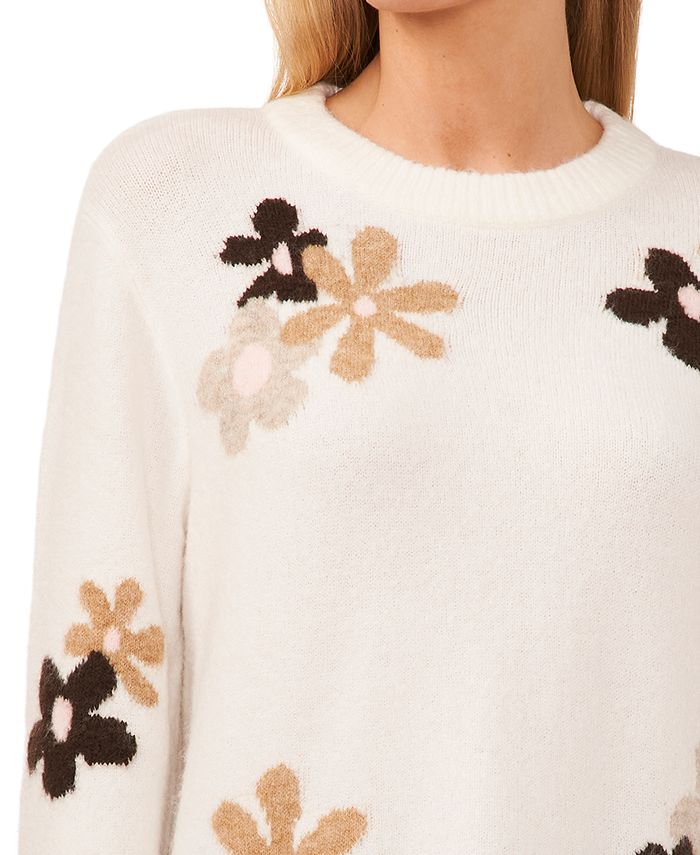 CeCe Women's Flower Patterned Knit Crewneck Sweater - Macy's