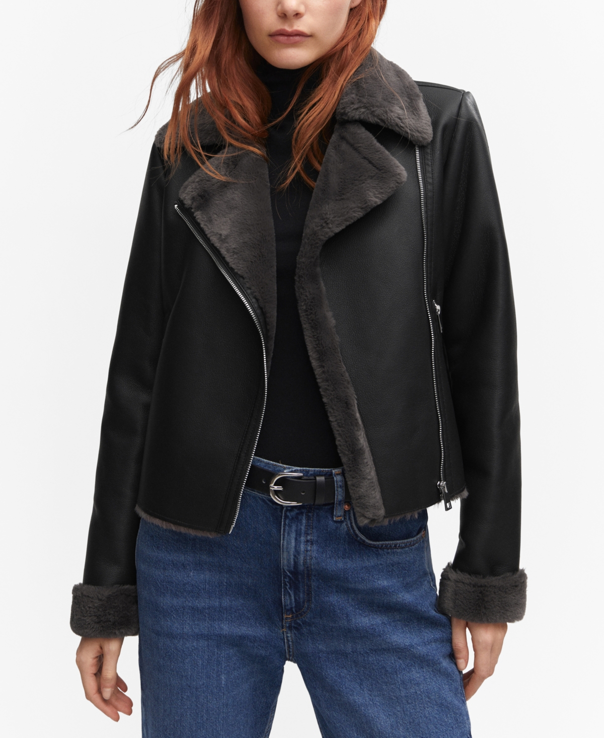 Click here for Mango Womens Faux Shearling-Lined Jacket - Black prices