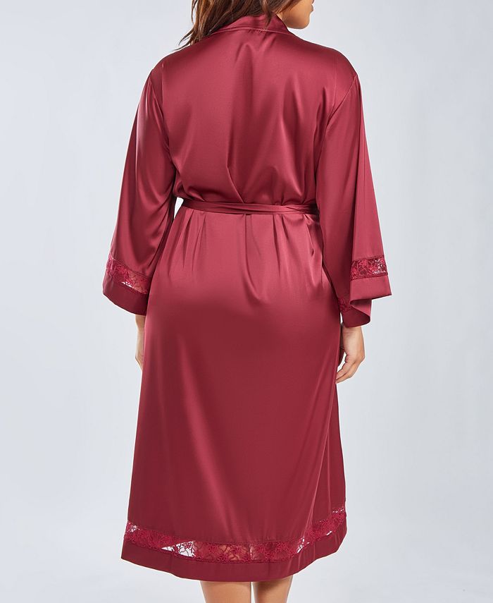 iCollection Plus Size Silky Long Robe with Lace Trims - Macy's