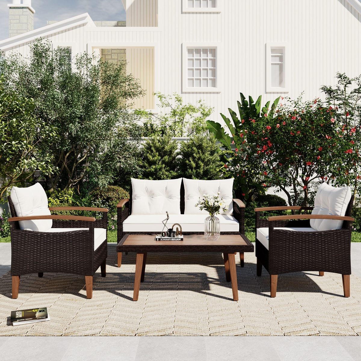 Click here for Streamdale Rattan Patio Set with Wood Table (4 Pie... prices