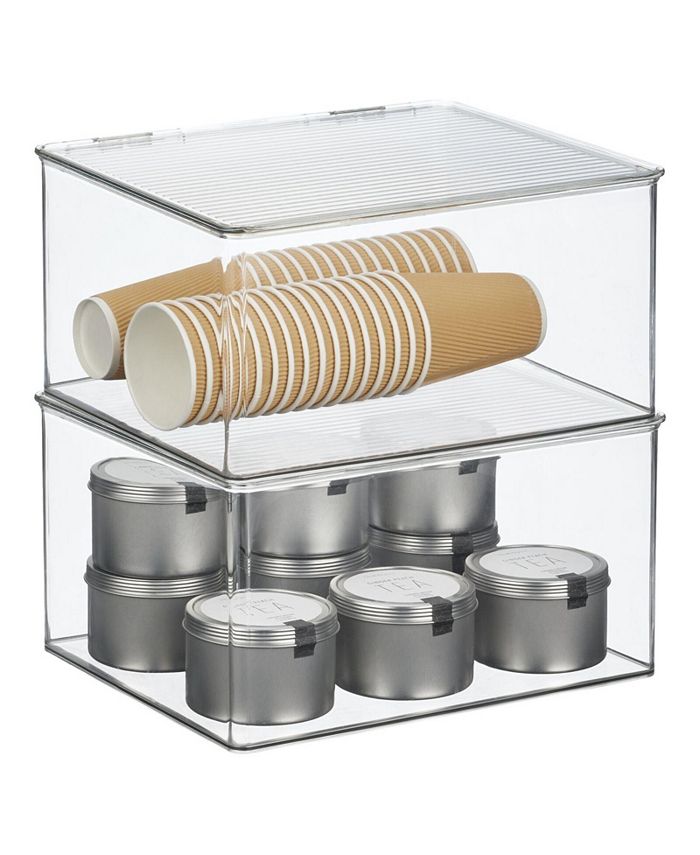 mDesign Plastic Wide Stacking Kitchen Food Storage Box, Hinge Lid, 2 ...