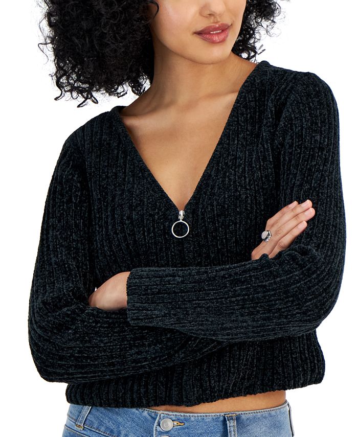 Derek Heart Juniors' V-Neck Zip-Front Ribbed Sweater - Macy's