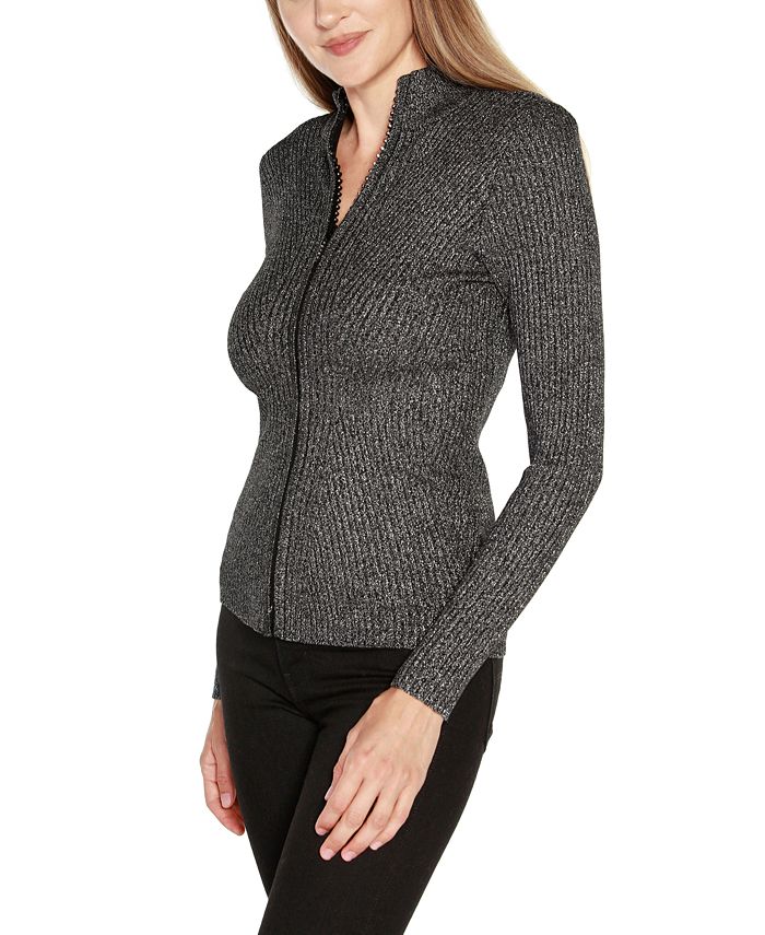 Belldini Black Label Women's Lurex Mock Neck Ribbed Zip Up Sweater - Macy's