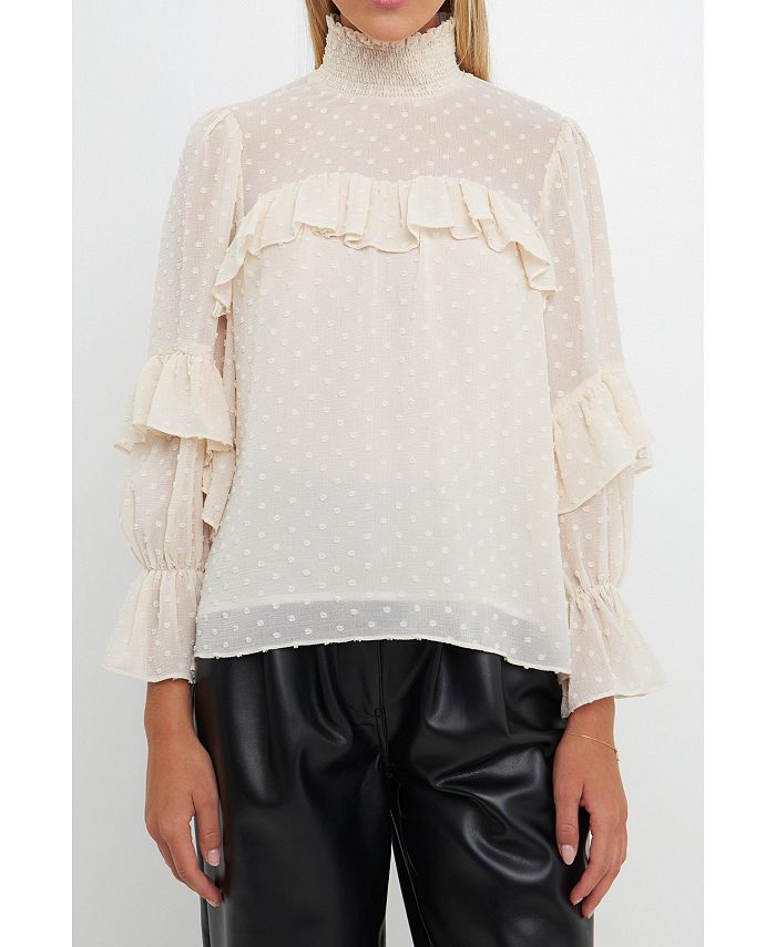 English Factory Women's Swiss Dot Chiffon Ruffle Blouse - Macy's