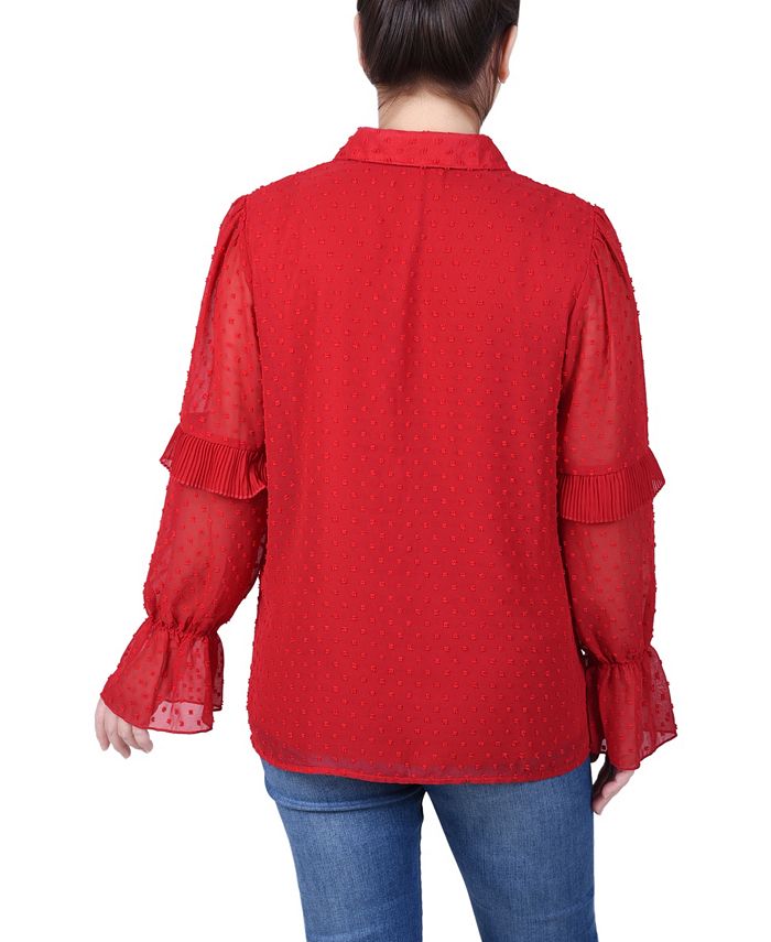 NY Collection Petite Long Sleeve Dotted Chiffon Blouse - Macy's