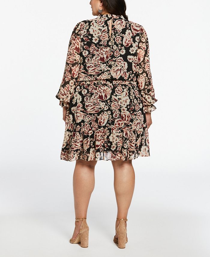 ELLA Rafaella Plus Size Metallic Blooms Print Long Sleeve Dress - Macy's