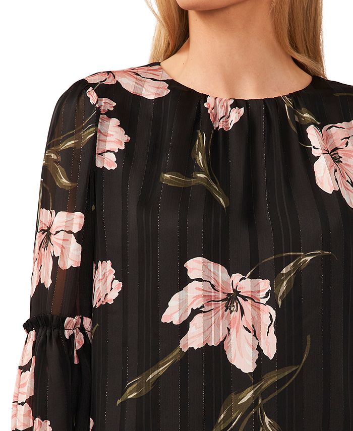 Cece Womens Metallic Floral Print Ruffled Blouson Sleeve Top Macys