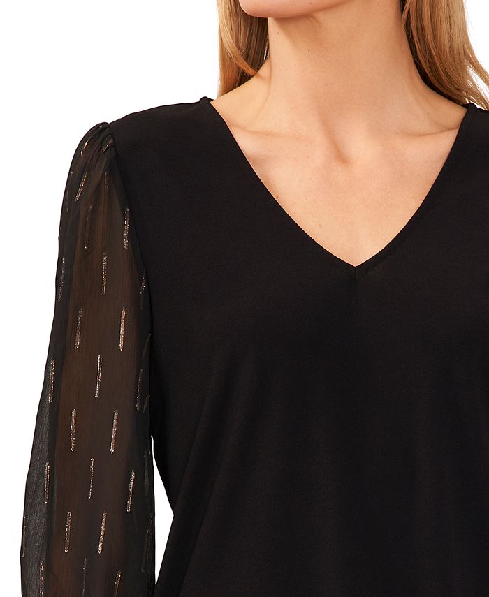 CeCe Women's V-Neck Sheer Mixed-Media Gold Lurex 3/4-Sleeve Knit Top ...