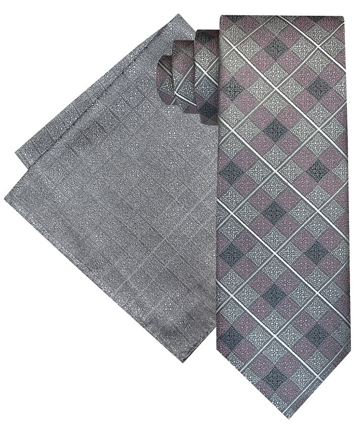 Steve Harvey Men's Extra Long Ornate Grid Tie & Pocket Square Set - Macy's