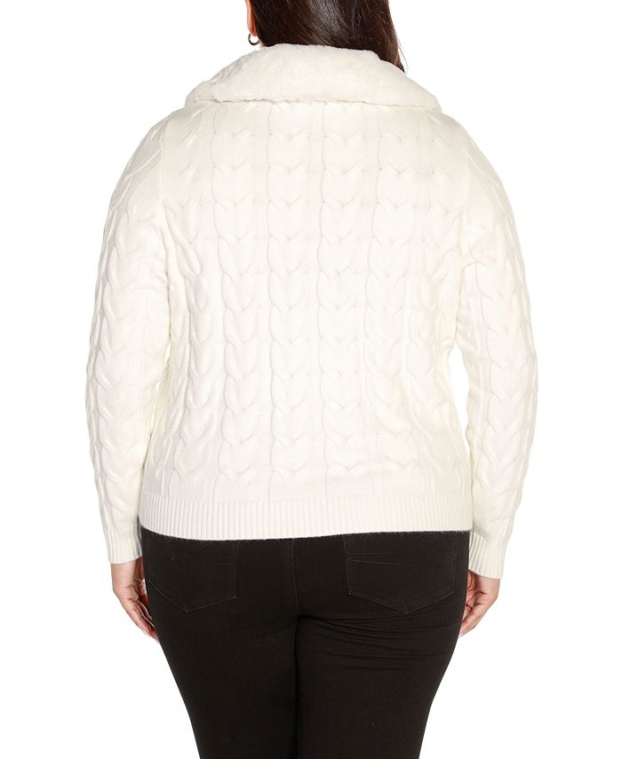 Belldini Black Label Plus Size Faux Fur Collared Cable Cardigan Sweater ...
