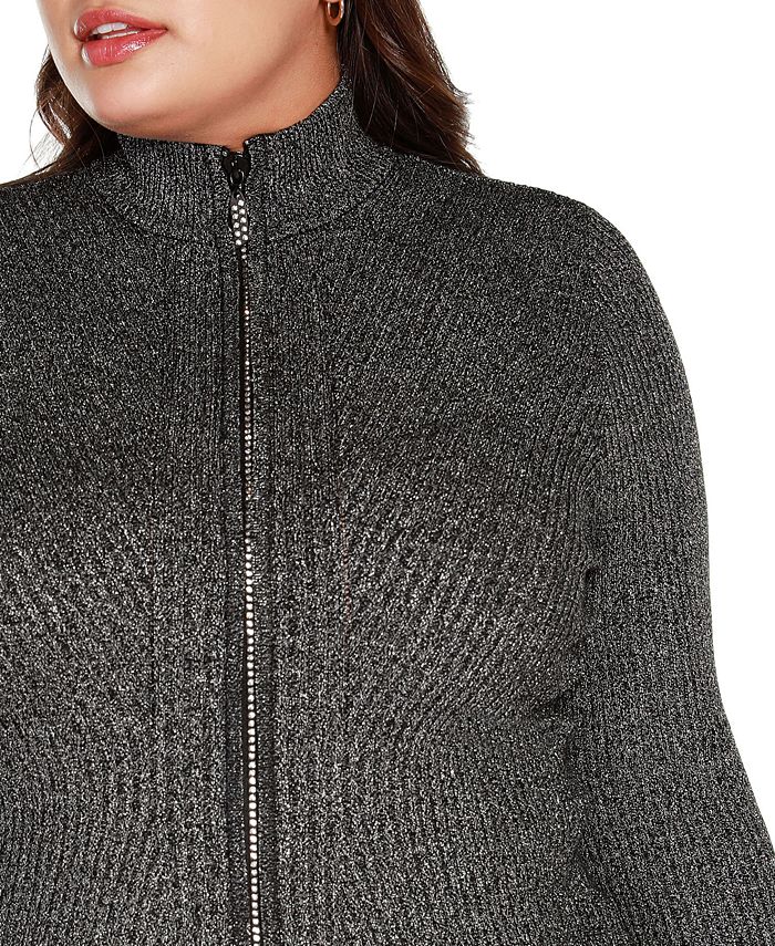 Belldini Black Label Plus Size Lurex Mock Neck Ribbed Zip Up Sweater ...