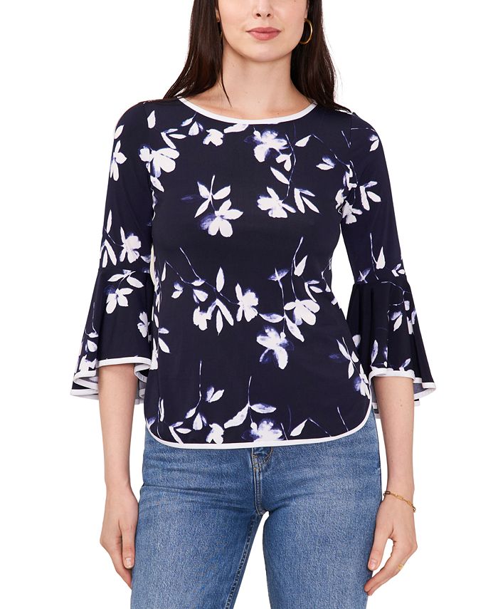 Sam & Jess Petite Floral-Print Bell-Sleeve Piped Top - Macy's