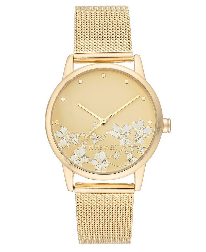 Nine West Women's Quartz Gold-Tone Stainless Steel Mesh Band and Flower ...
