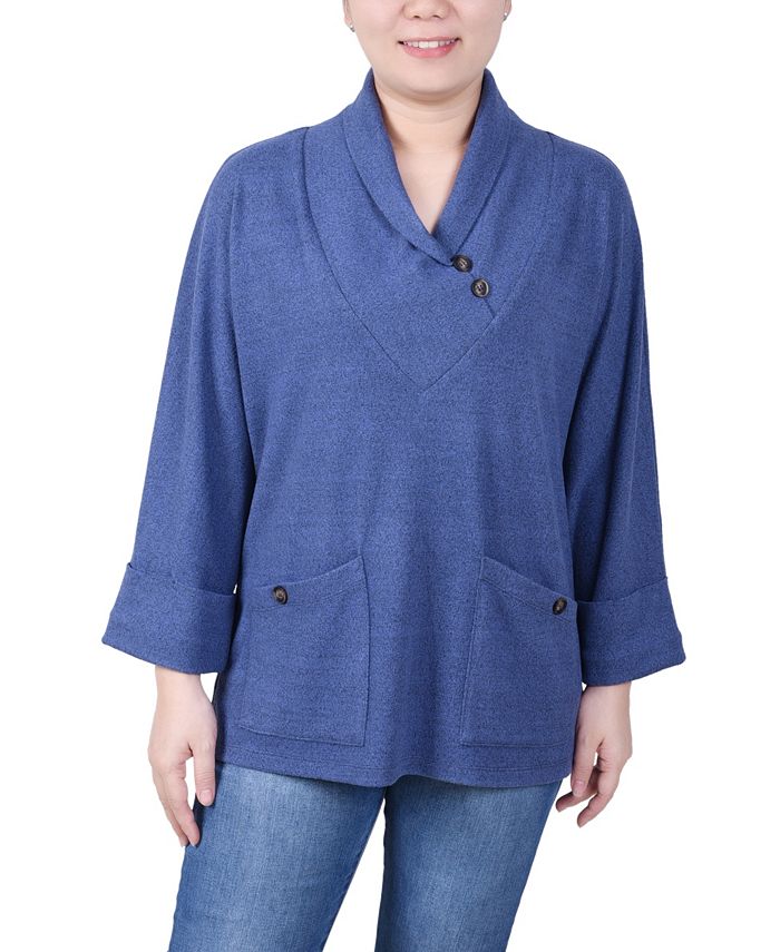 NY Collection Women's Long Sleeve Shawl Collar Top with Pockets - Macy's