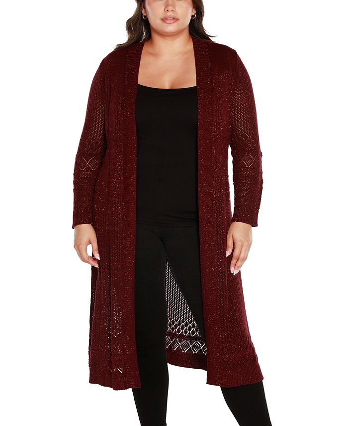 Belldini Plus Size Lurex Pointelle Duster Cardigan Sweater - Macy's
