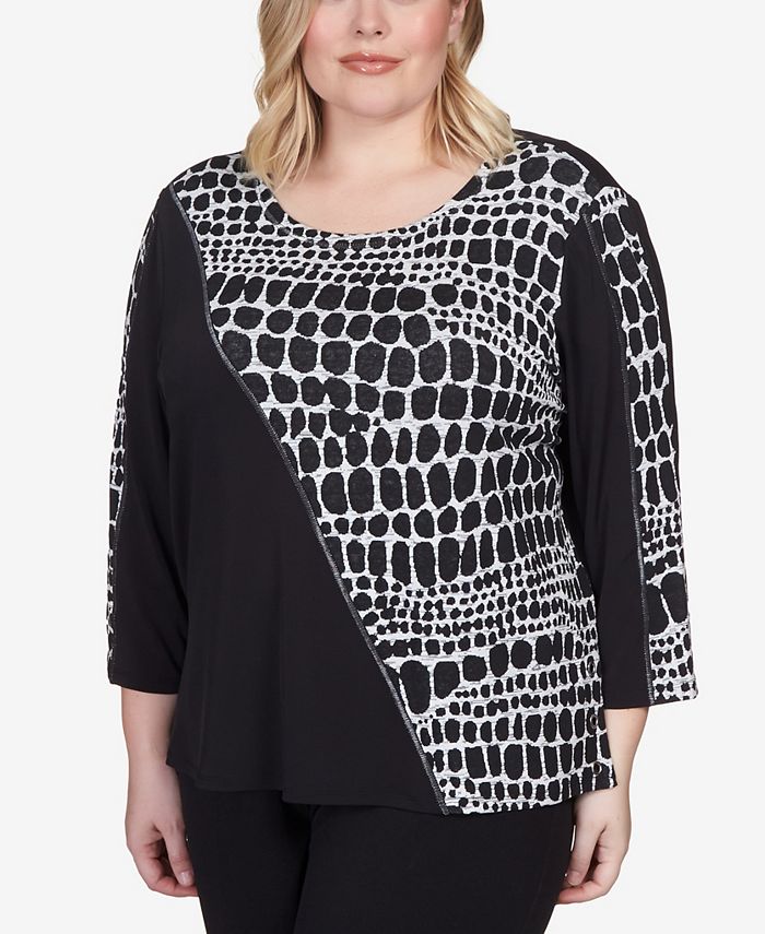 Alfred Dunner Plus Size World Traveler Spliced Animal Print 3/4 Sleeve ...