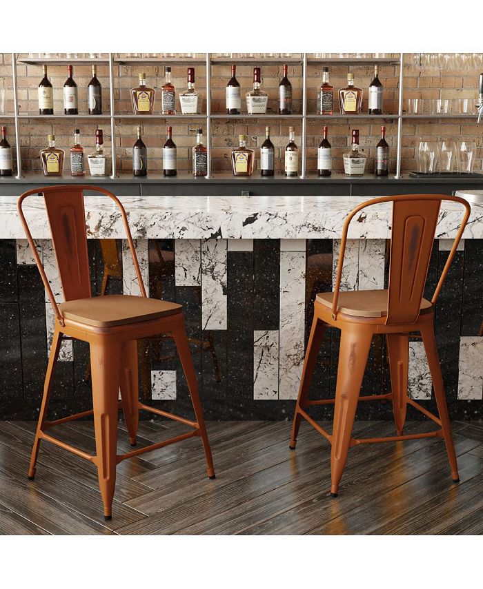 EMMA+OLIVER Nova Distressed Metal Stools With Backs And Polystyrene ...