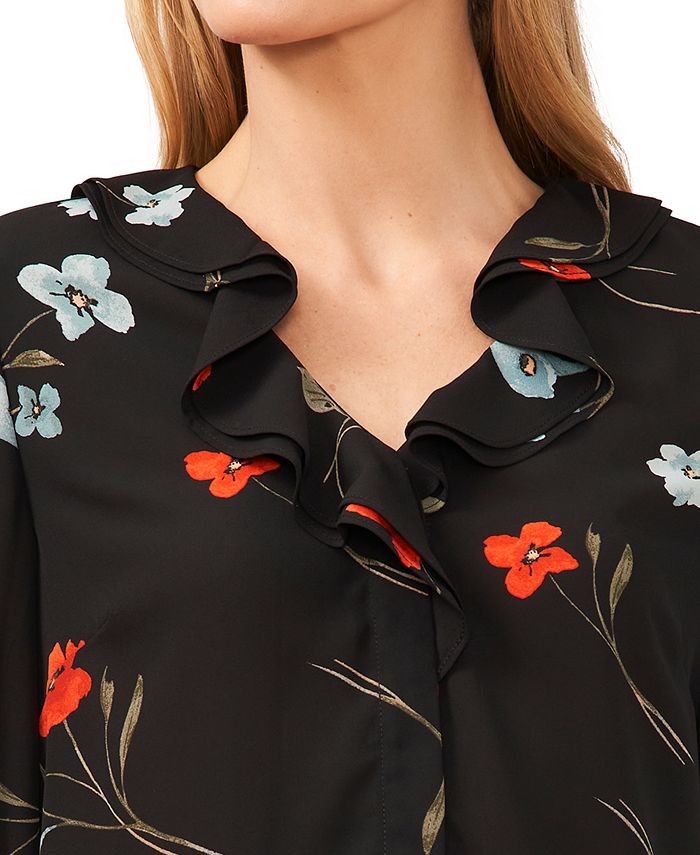 CeCe Women's Floral Ruffle V-Neck Long Sleeve Blouse - Macy's
