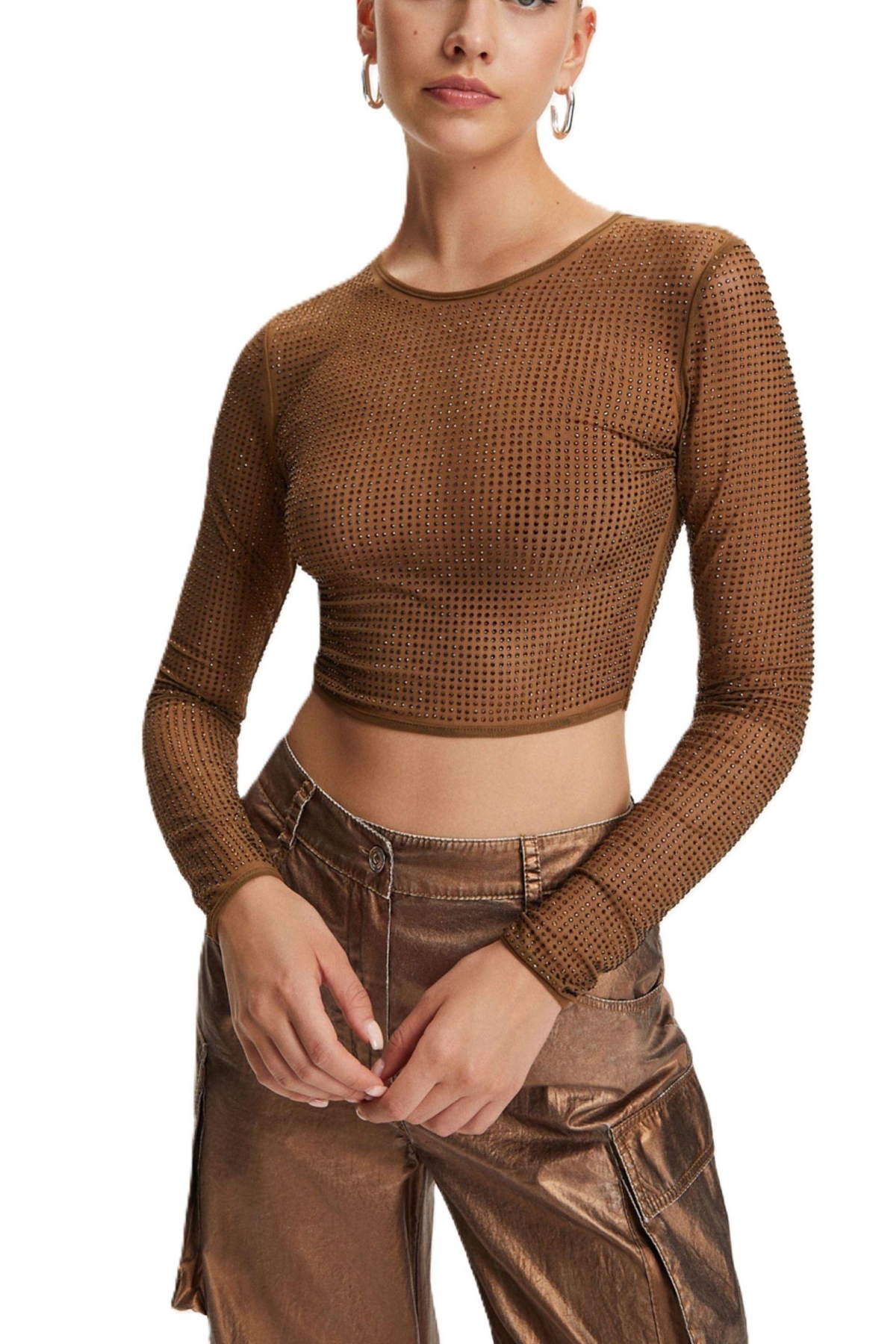 Click here for Nocturne Womens Embellished Tulle Crop Top - Brown prices