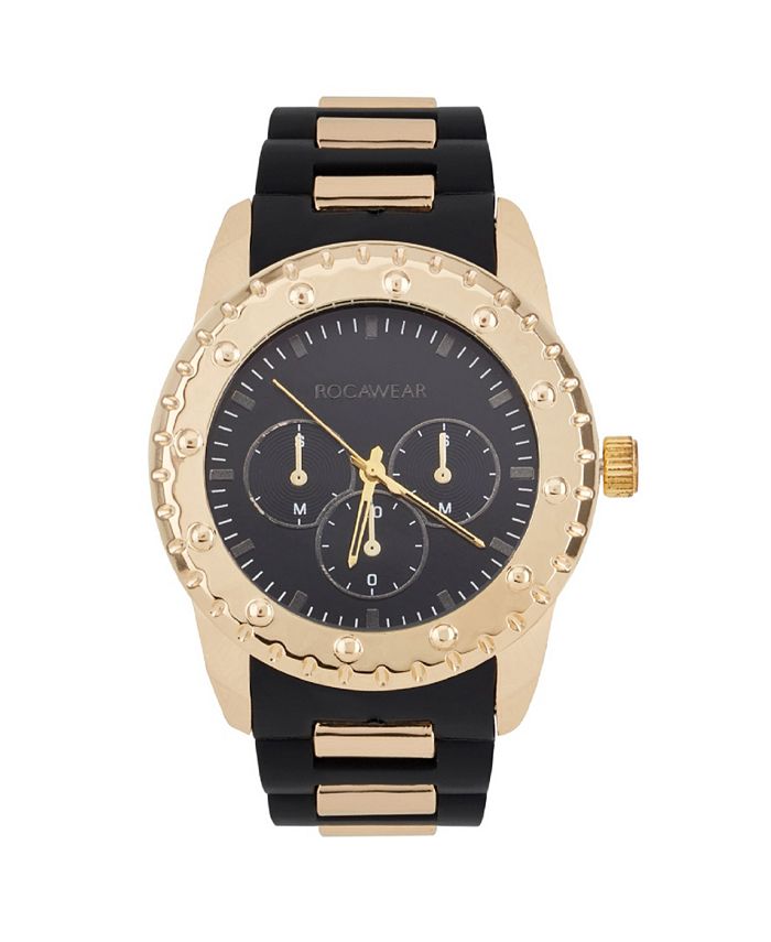 Rocawear Men's Analog Matte Black and Shiny Gold-Tone Link Rubber Strap ...