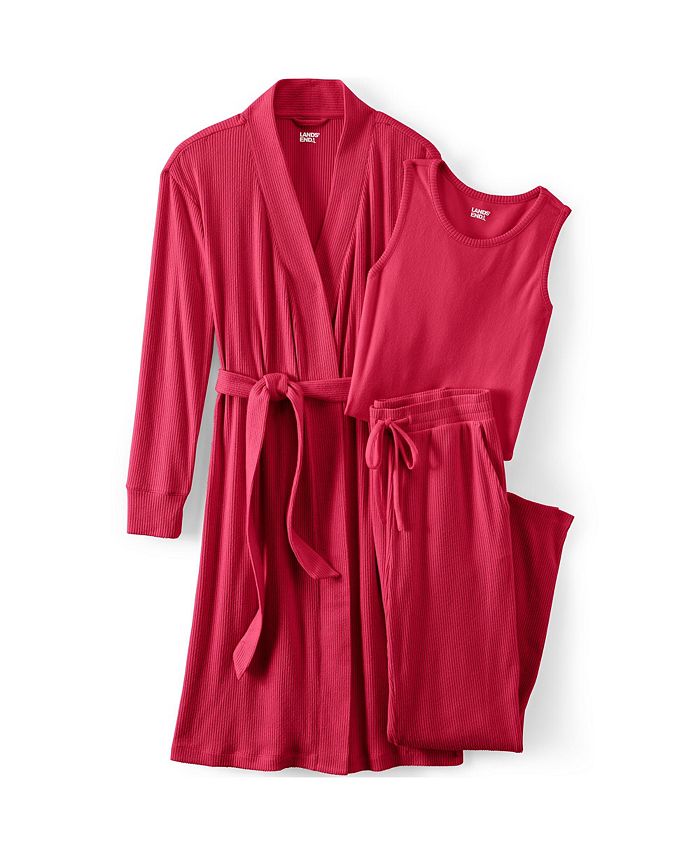 Lands' End Women's Cozy 3 Piece Pajama Set - Robe Top and Pants - Macy's