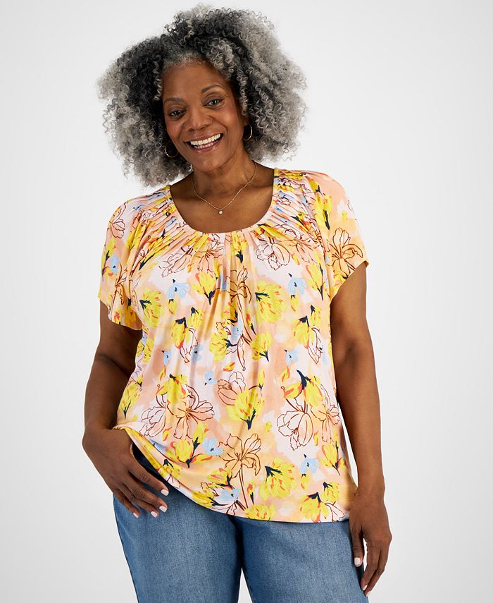 Style And Co Plus Size Printed Pleated Neck Top Created For Macys Macys