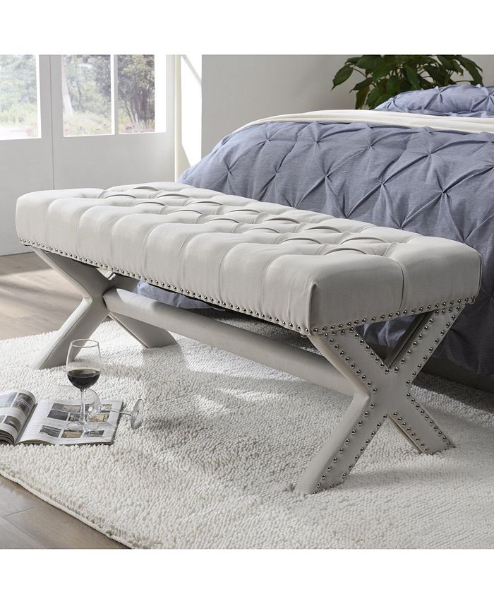 Inspired Home Bryoni Linen Button Tufted Silver Nailhead Trim X Leg