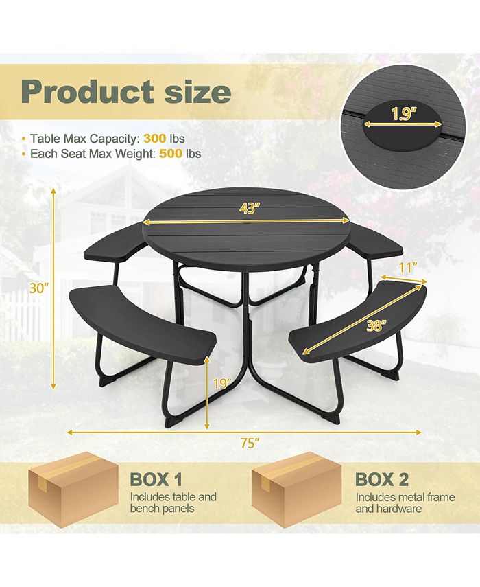 Costway Outdoor 8-person Round Picnic Table Bench Set with 4 Benches ...