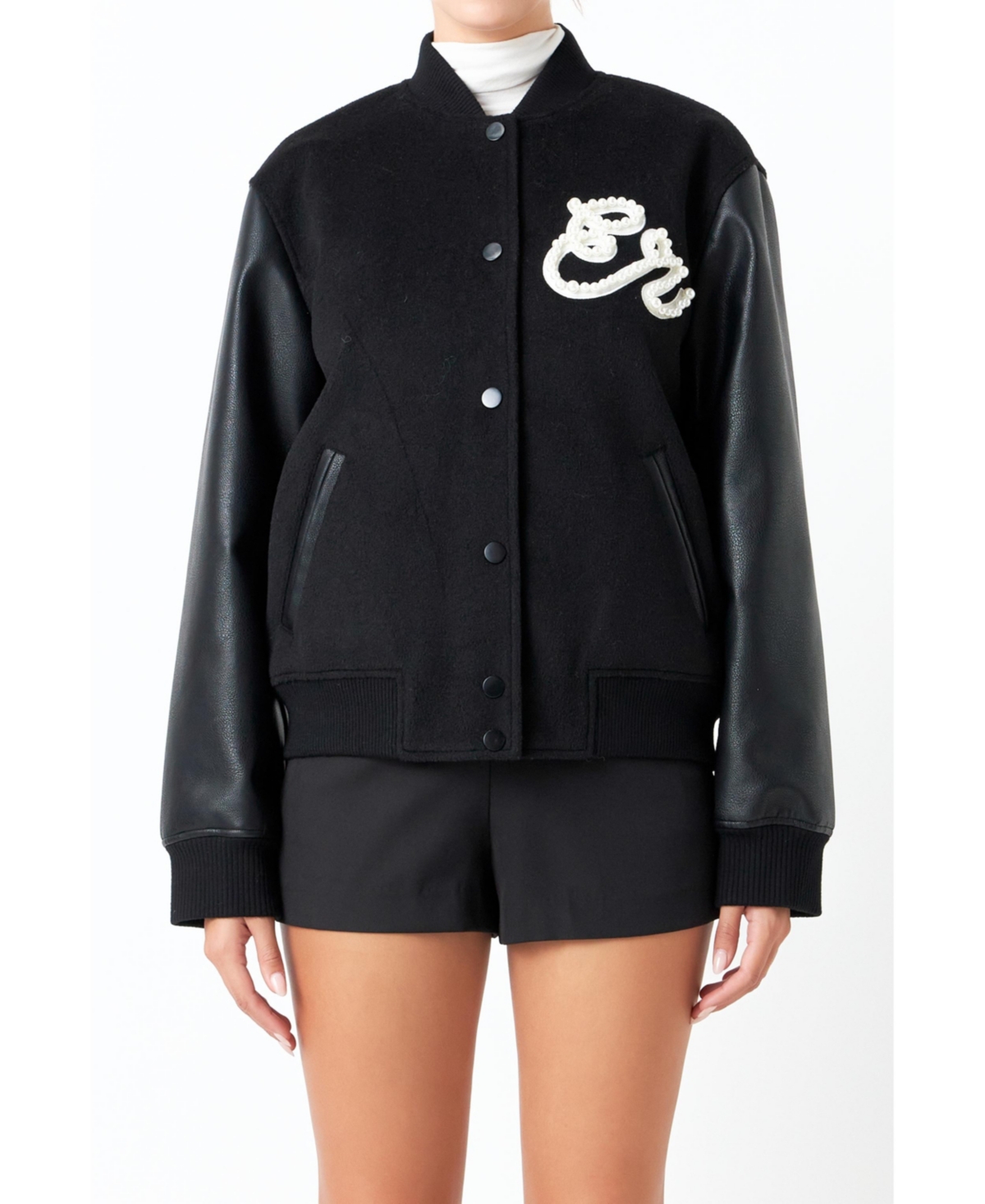 Click here for Womens Pearl Trim Bomber Jacket - Black prices