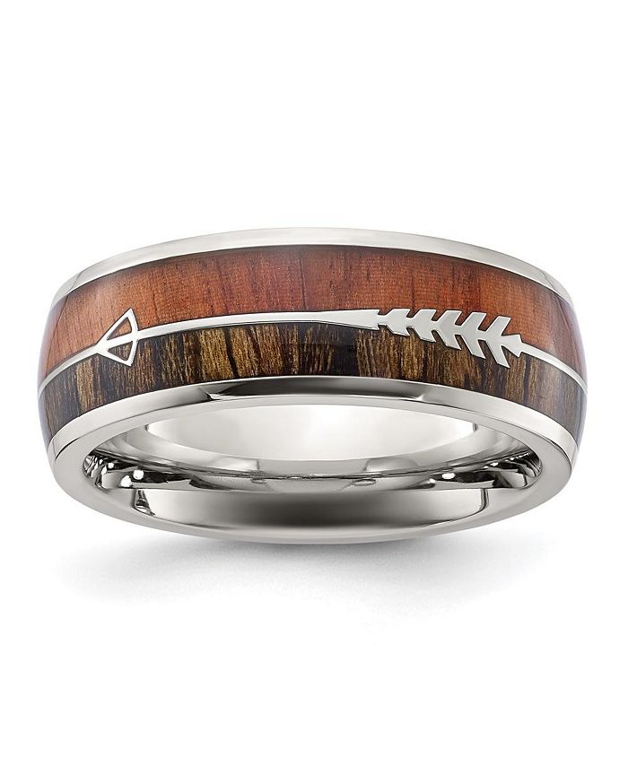 Chisel Stainless Steel Polished with Wood Inlay Arrow 8mm Band Ring ...