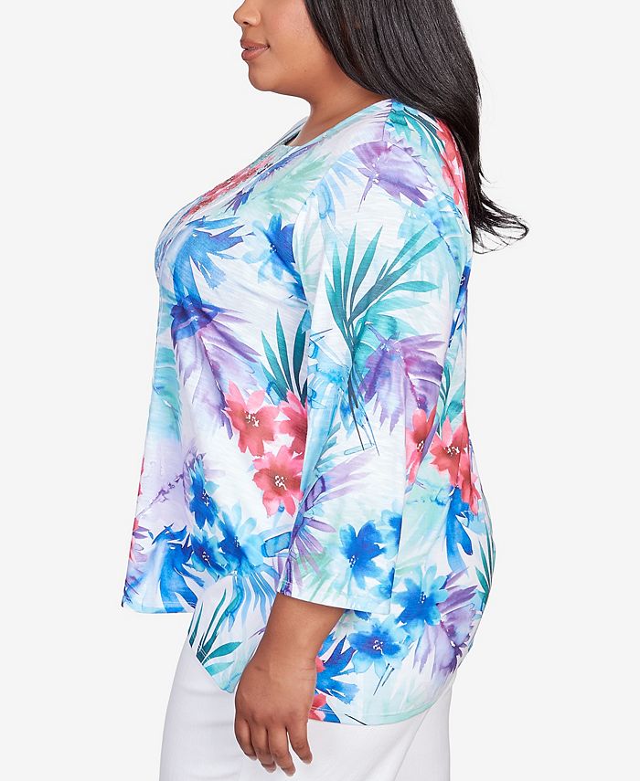 Alfred Dunner Plus Size Classic Brights Tropical Birds Lace Paneled Top ...