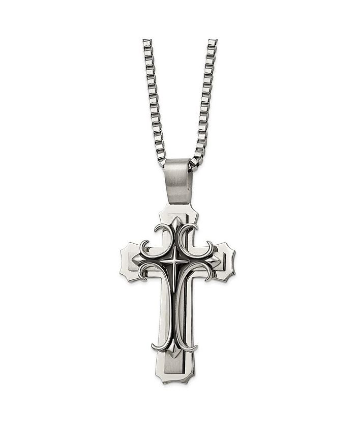 Chisel Brushed and Black Enamel Large Cross Pendant Box Chain Necklace - Macy's