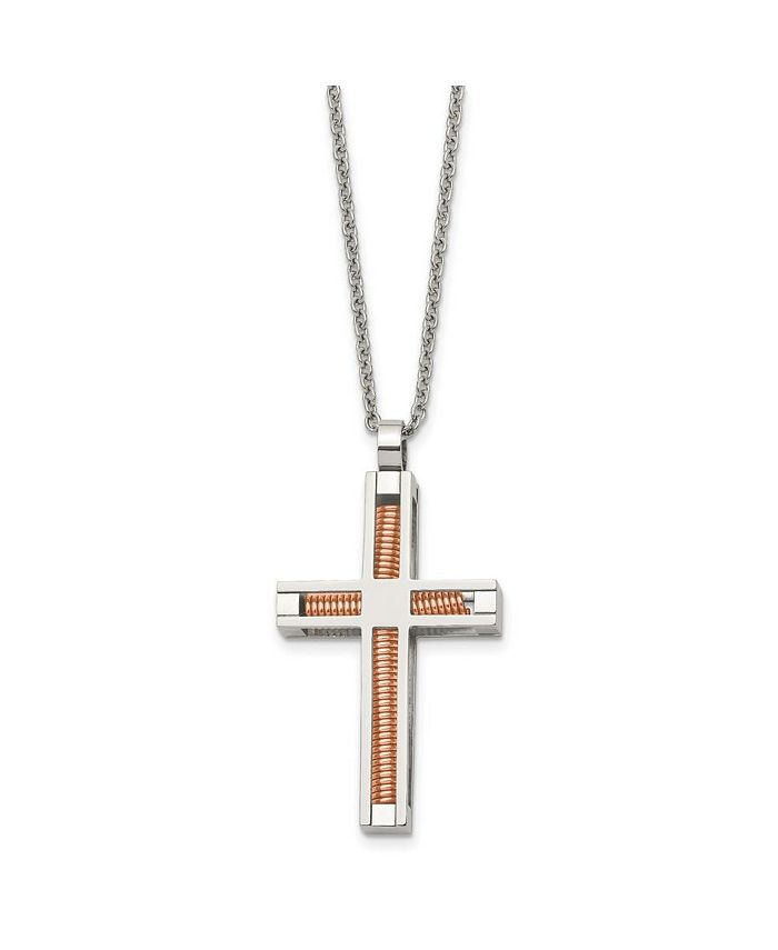 Chisel Polished Rose IP-plated Cross Pendant on a Cable Chain Necklace ...