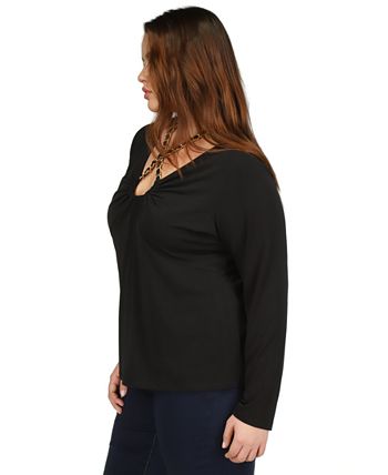 Michael Kors Plus Size Chain-Neck Long-Sleeve Top - Macy's