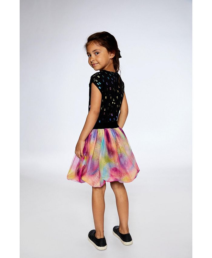 Deux par Deux Girl Bi-Material Dress With Rainbow Mesh Bubble Skirt ...
