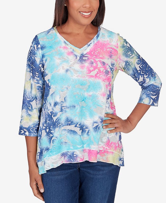 Alfred Dunner Petite in Full Bloom Torn Jacquard Tie Dye Top - Macy's