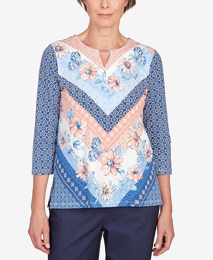 Alfred Dunner Women's A Fresh Start Chevron Floral Split Neck Top - Macy's
