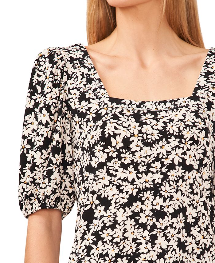 CeCe Women's Ditsy Floral Square Neck Puff Sleeve Knit Top - Macy's