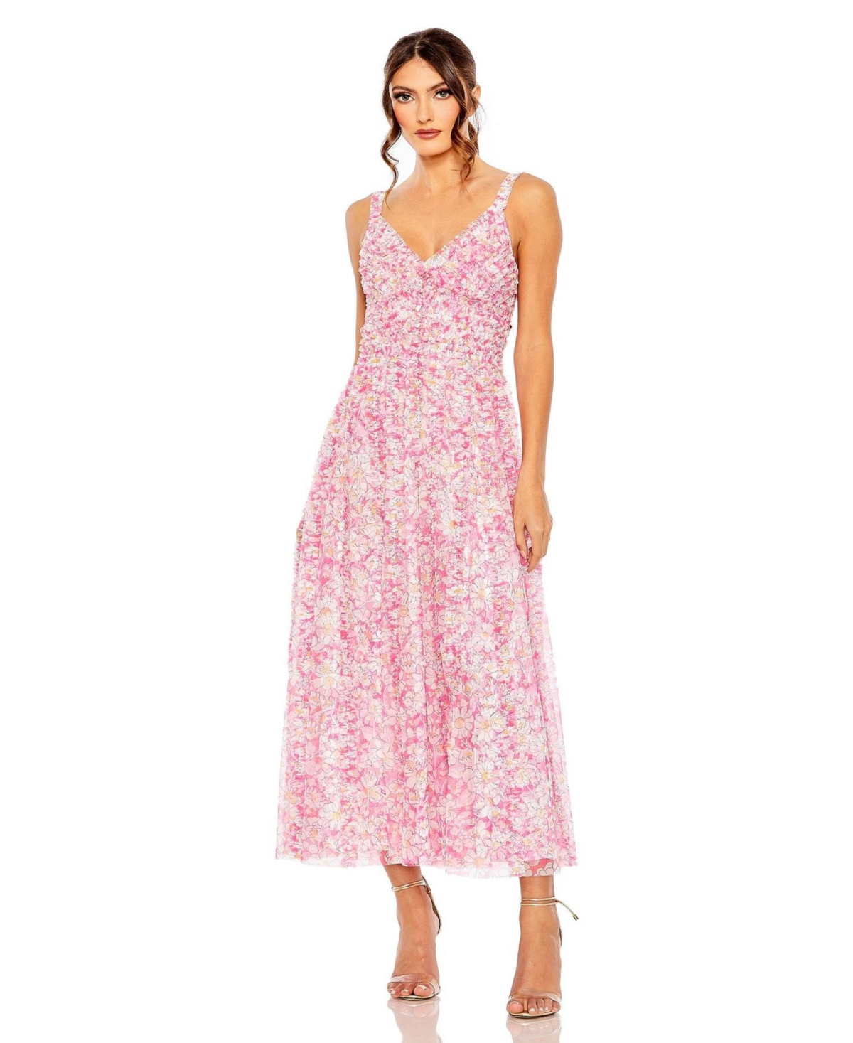 Womens Mesh V-Neck Floral Print Dress - Pink Overflow