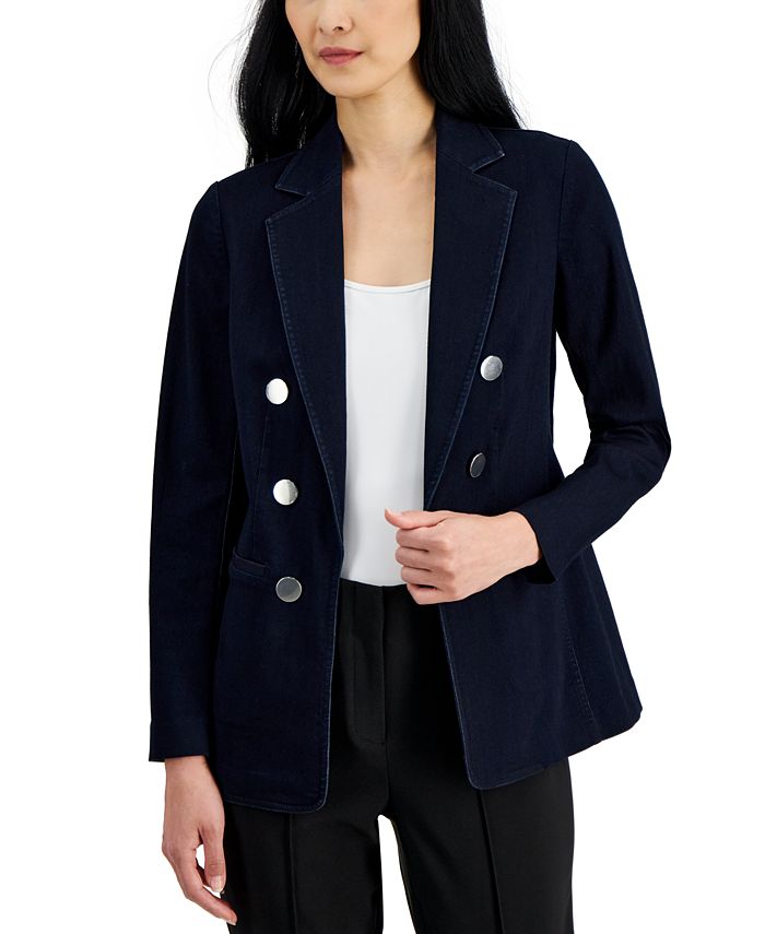 Anne Klein Women's Open Front Double-Breasted Denim Blazer - Macy's