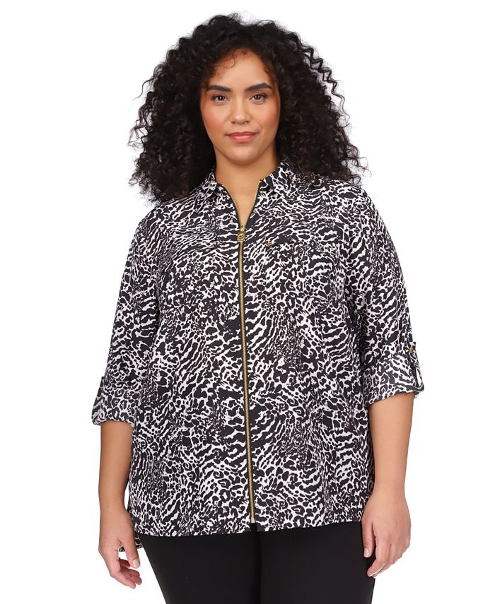 Michael Kors Plus Size Animal-Print Zip-Front Top - Macy's