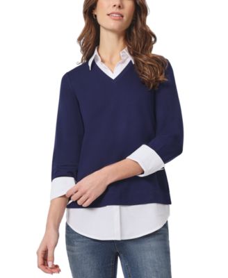 Jones New York Women's Layered-Look Poplin-Trim Knit Top - Macy's